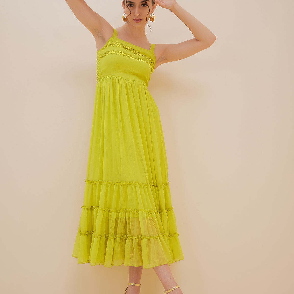 Antheaa Embellished Sequinned Tiered Chiffon Empire Midi Dress ...